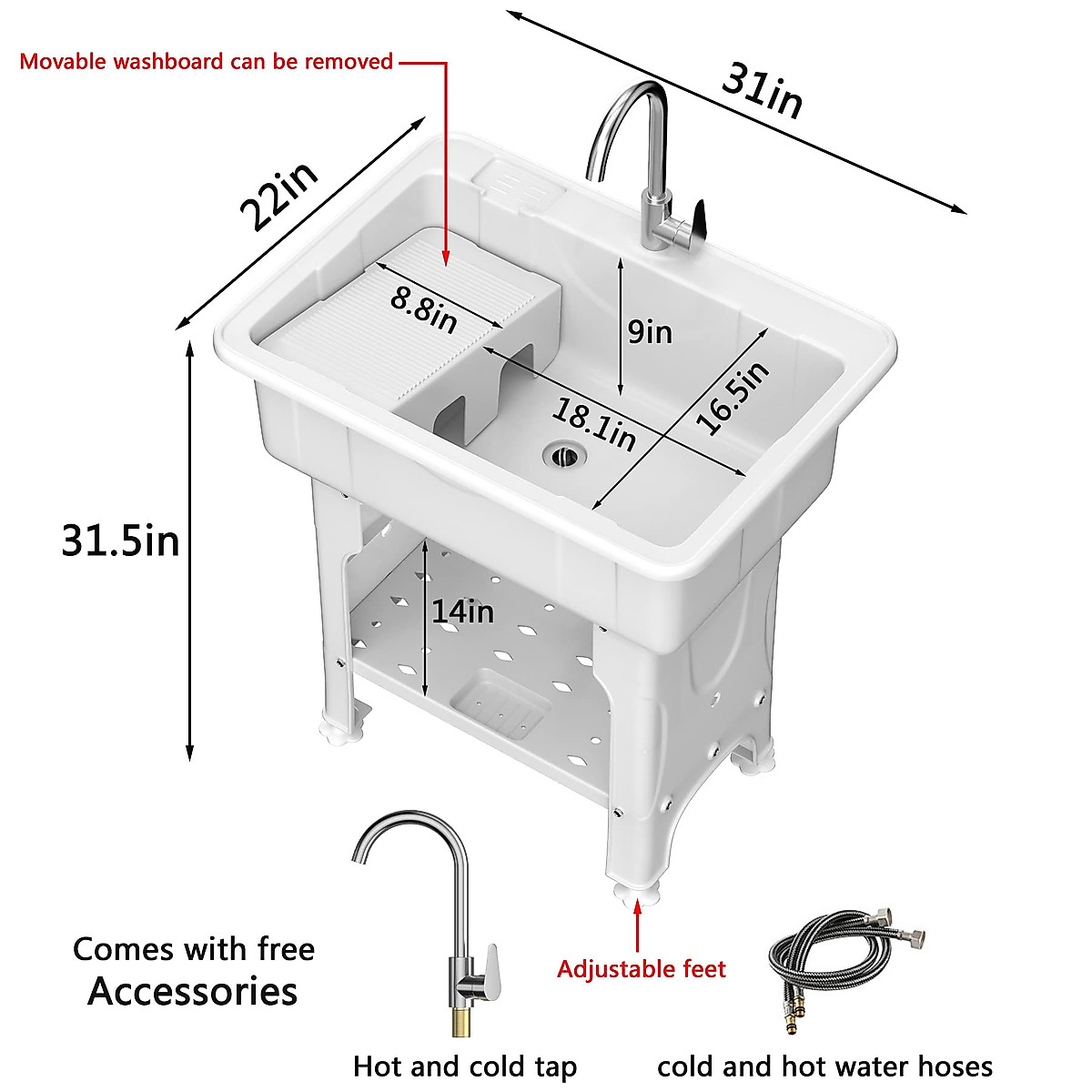 Freestanding Plastic Laundry Sink with Washboard, W31" x D22" x H31.5" Indoor and Outdoor Utility Sink with Cold and Hot Water Faucet, Hoses and Drain Kit for Laundry Room, Garage, Basement, Garden