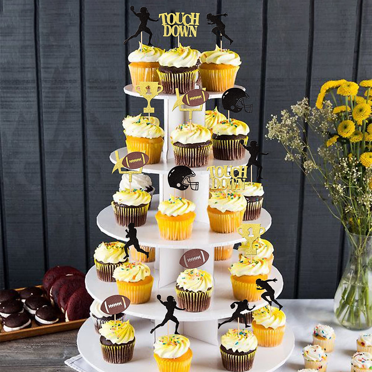 36 PCS Rugby Ball Cupcake Toppers Glitter Trophy Amecian Football Cupcake Picks Touchdown Player Cake Decorations for Super Bowl Rugby Sports Theme Baby Shower Kids Birthday Party