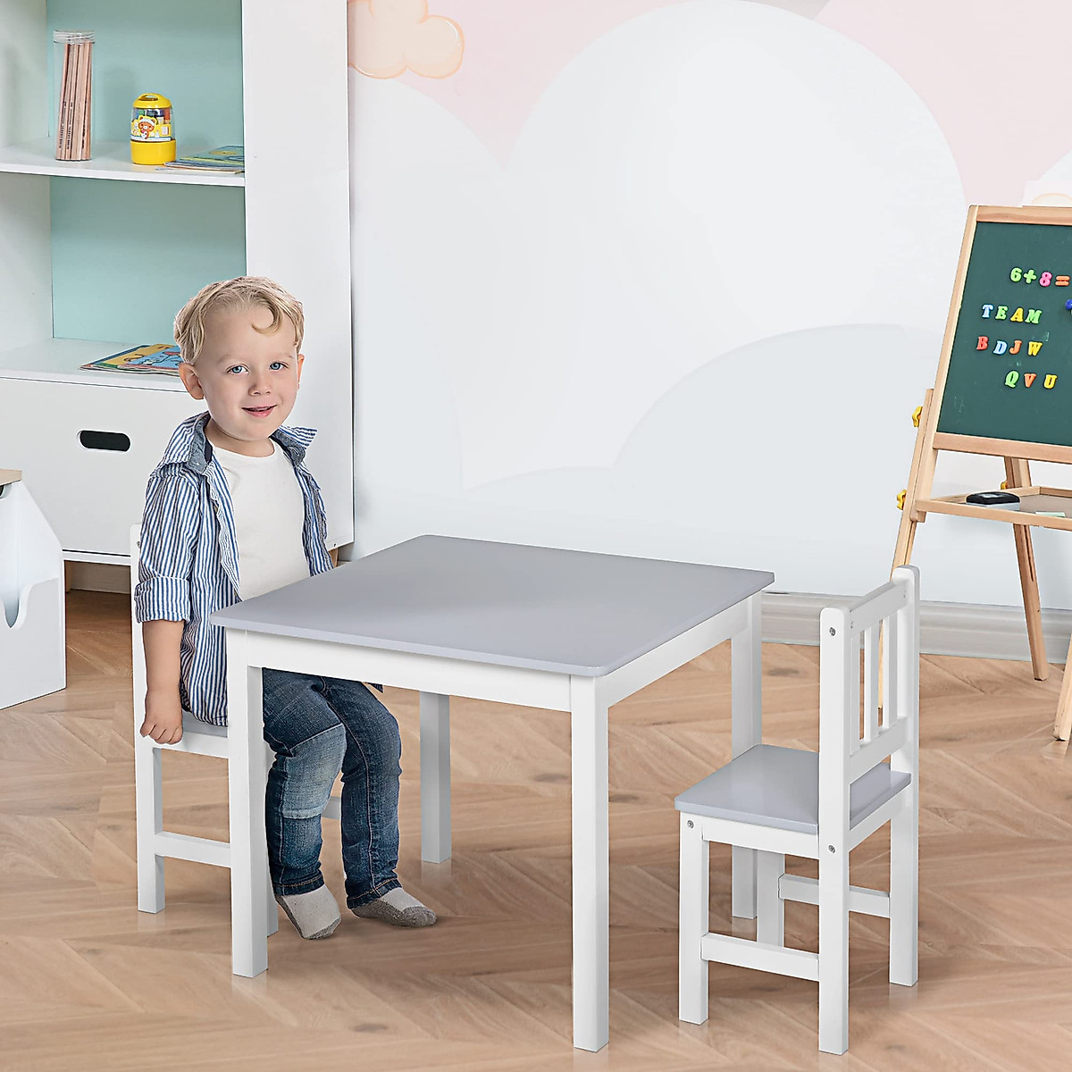 Qaba Kids 3 Piece Table and Chair Set Ideal for Arts, Meals, Lightweight Wooden Homework Activity Center, Toddlers Age 3+, Grey