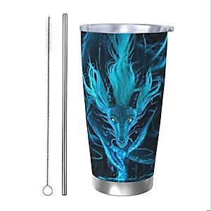 Blue Dragon 20oz Tumbler Stainless Steel Vacuum Insulated Coffee Travel Mug, Durable Insulated Coffee Travel Mug with Splash-Proof Lid Metal Straw and Brush Thermal Cup for Outdoor
