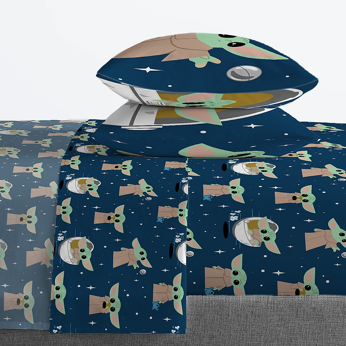 Jay Franco Star Wars The Mandalorian Hello Grogu Full Size Sheet Set - 4 Piece Set Super Soft and Cozy Kid’s Bedding - Fade Resistant Microfiber Sheets (Official Star Wars Product)