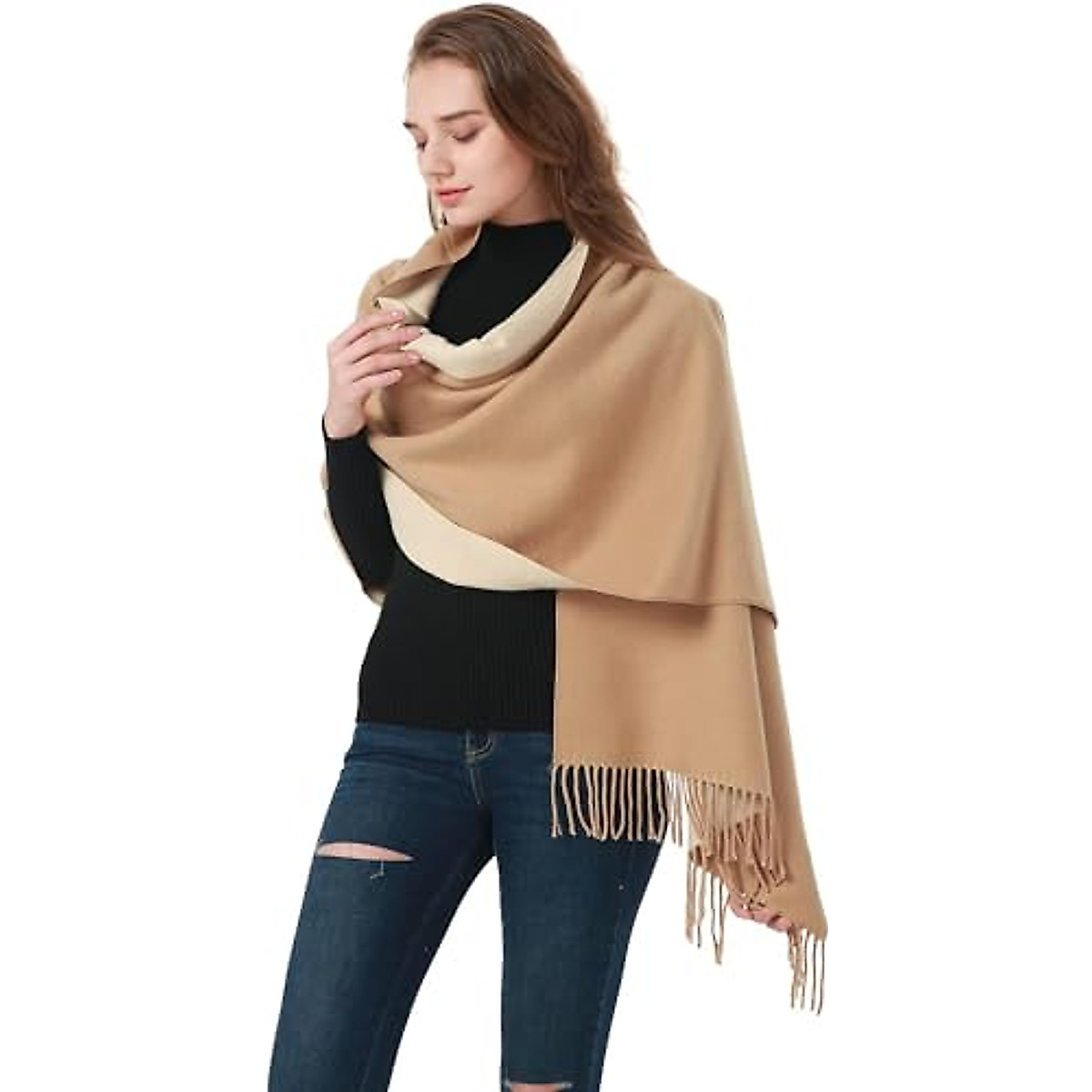 MEANBEAUTY Women's Pashmina Shawls and Wraps Cashmere Feel Large Scarf Winter Scarves Two-Color Blanket for Wedding Gifts-beige