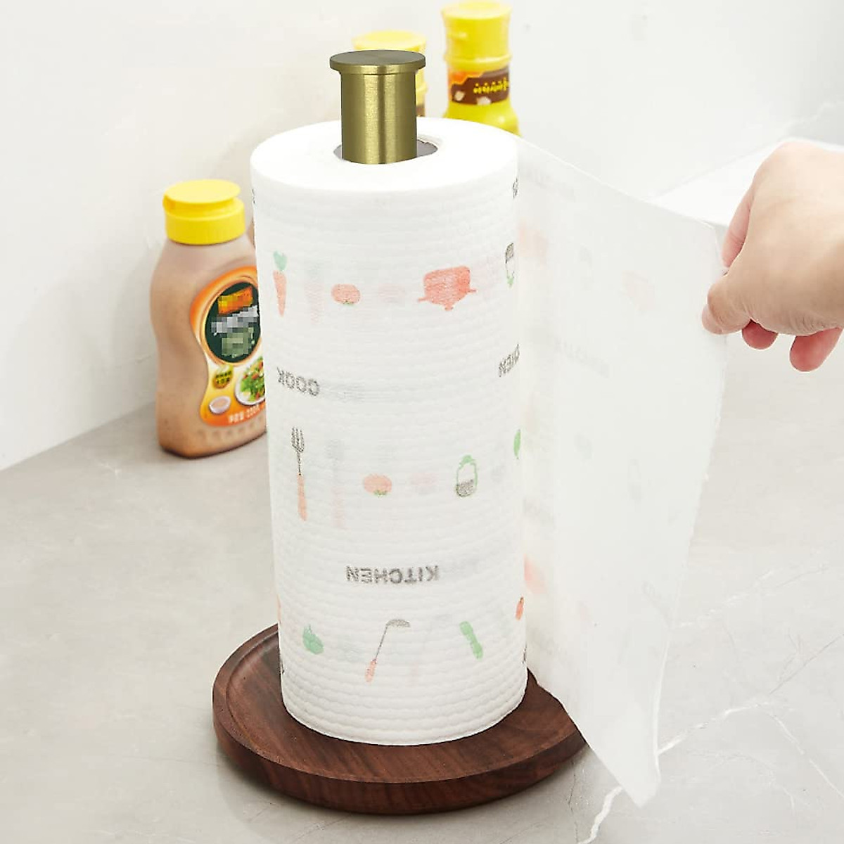 NDFECT Wood Paper Towel Holder Countertop, Farmhouse Kitchen Paper Towel Holder Stand with Wooden Base, Rustic Walnut Paper Towel Roll Holder