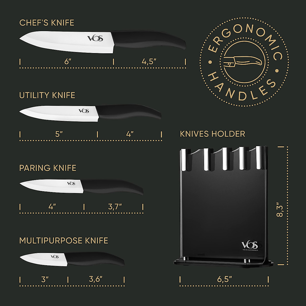 Vos Ceramic Knife Set, Ceramic Knives Set For Kitchen, Ceramic Kitchen Knives With Holder, Ceramic Paring Knife 3", 4", 5", 6" Inch Black