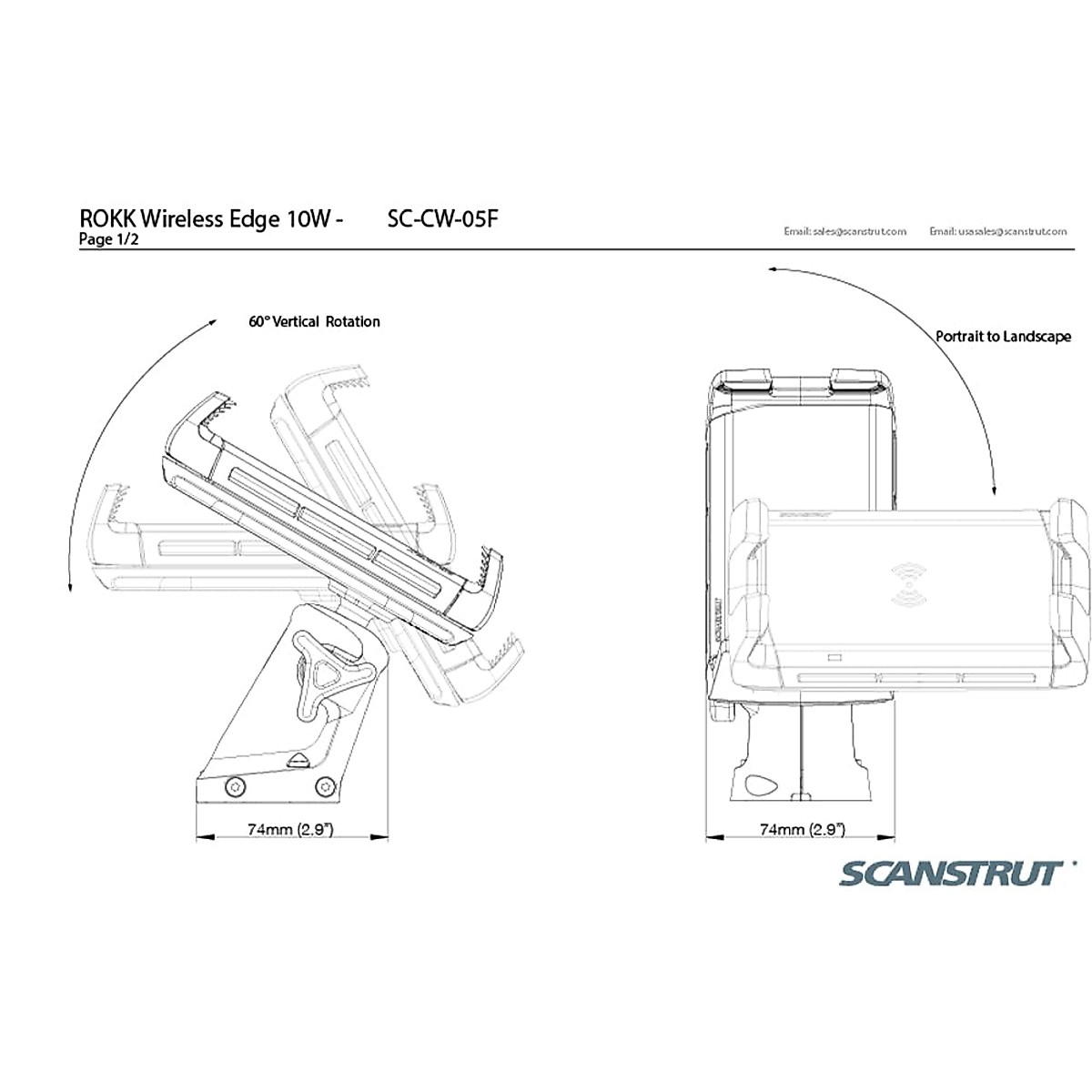 Scanstrut ROKK Wireless - Edge. 10W Waterproof Wireless Adjustable Phone Charging Mount 12/24V