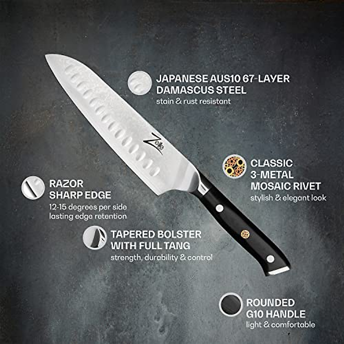 Zelite Infinity Santoku Knife 7 Inch, Santoku Chef Knife, Japanese Chef Knife, Japanese Knife, Chopping Knife, Santoku Knives - Japanese AUS-10 Super Steel 67-Layer Damascus Knife - Razor Sharp Knife