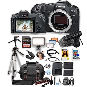 Canon EOS R8 Mirrorless Camera Body + 128GB Pro Speed Memory + EF-RF Lens Adapter + Led Video Light + Microphone +Case + Tripod + Software Pack-Video Bundle (Renewed)