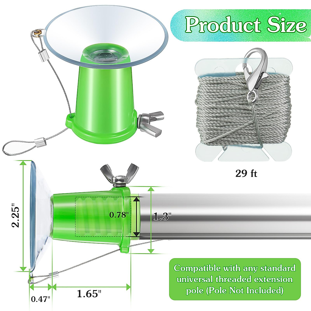 Enhon Light Bulb Changer for High Ceilings and Recessed Lights, Suction Cup Flat Lightbulb Remover Tool Compatible with DocaPole and Other Standard Threaded Extension Pole (Pole Not Included), Green