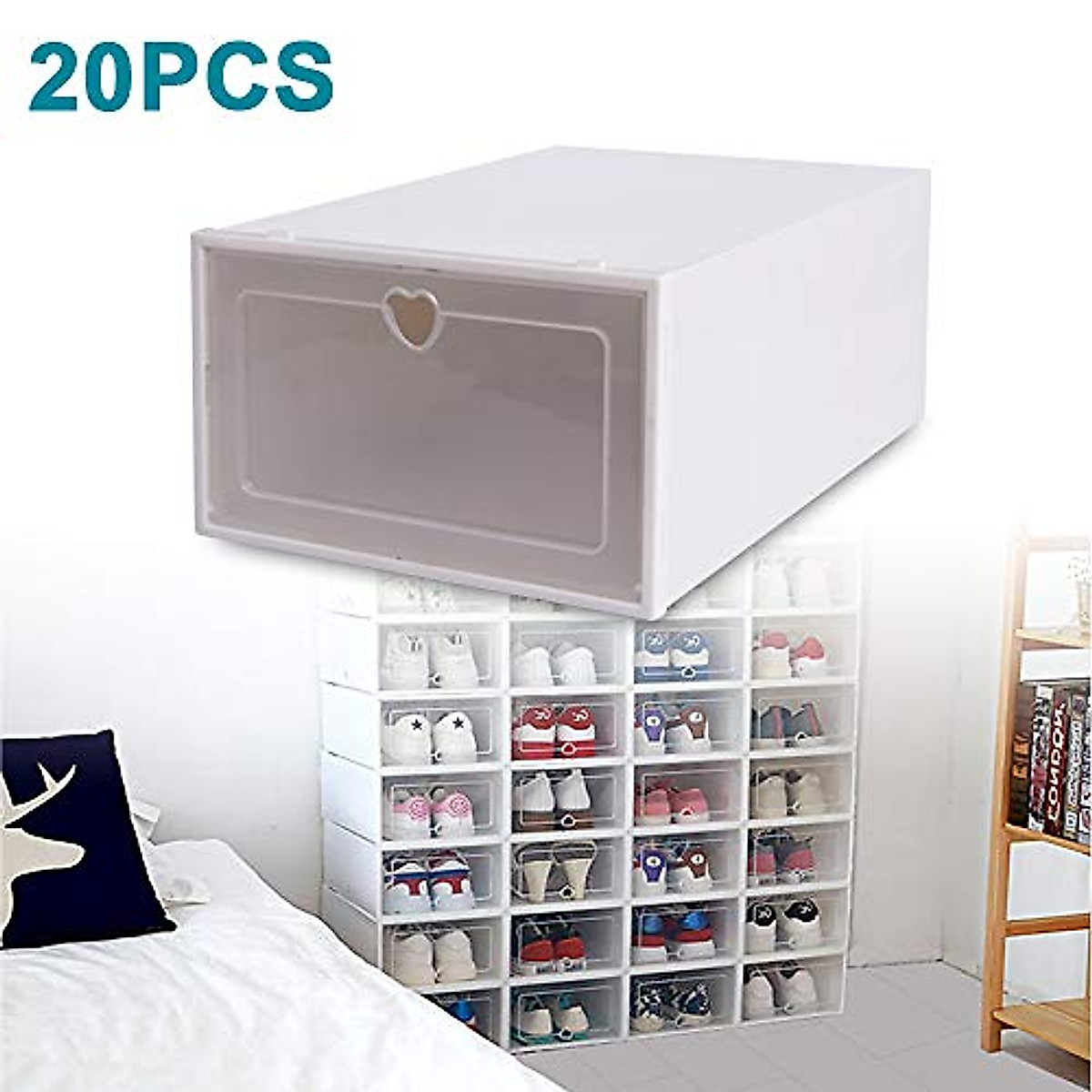 SABUIDDS Shoe Boxes Clear Plastic Stackable 20Pack With Lids,Drawer Shoes Storage Organizers for Women/Men,Detachable,Versatile,Space-Saving Shoe Box