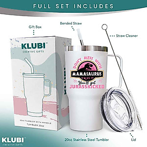 KLUBI Mother Gifts for Mom - Mamasaurus Cup 20 Ounce Mom Cups With Lid and Straw Postpartum Gifts for Mom Cups Tumbler Gifts for Mom Birthday Gifts for Mom Birthday Present for Mom Tumbler Cup