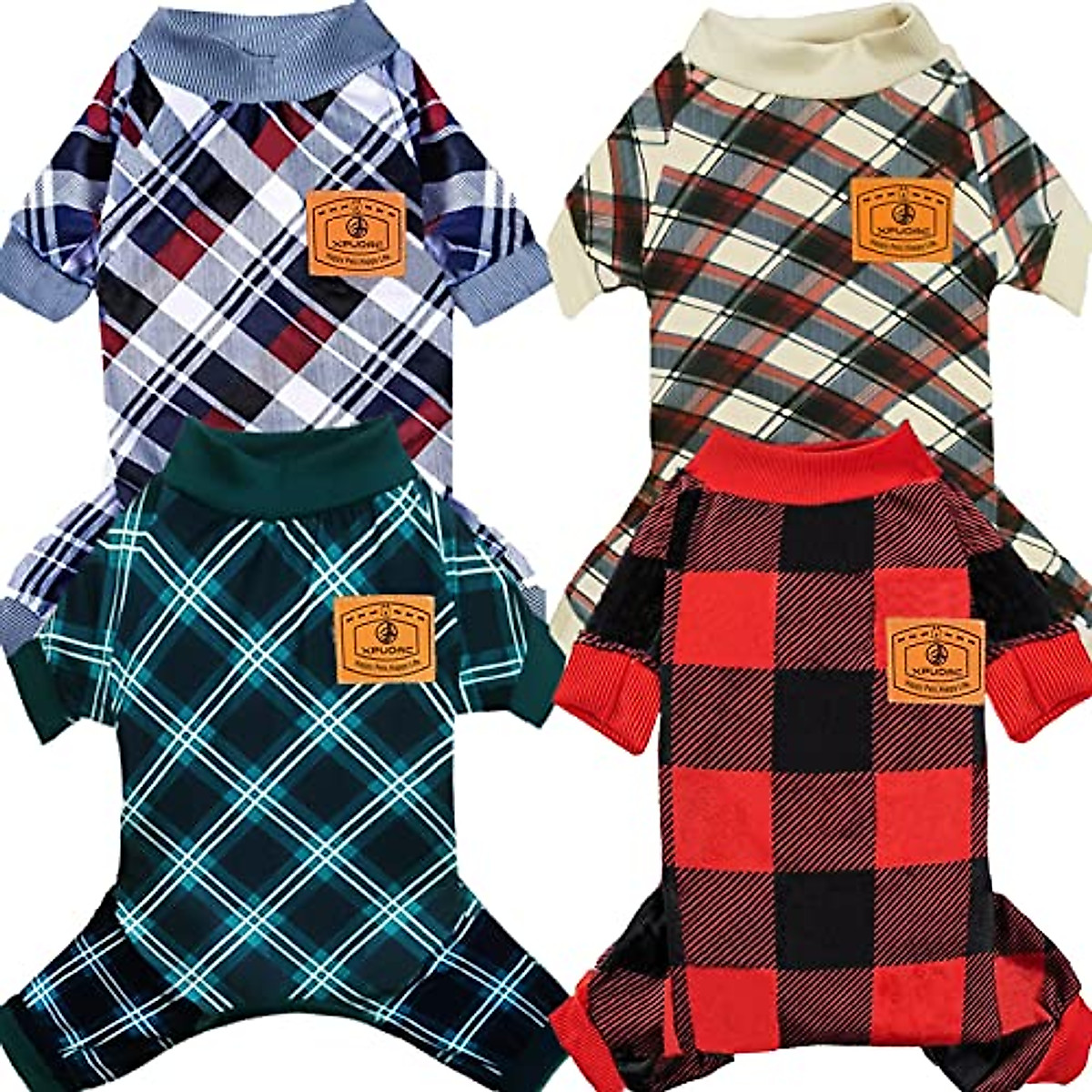 XPUDAC 4 Pack Dog Pajamas for Small Dogs Cats Plaid Dog Clothes Puppy Onesies Dog Christmas Pajamas Puppy Jumpsuits Pet Pjs Shirt Apparel (X-Large, Red Green Khaki Grey (Thin))