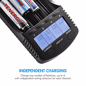 Tenergy TN456 Intelligent Universal Battery Charger with 4 Slots, LCD Display, USB Output, Power Adapter, Rechargeable Battery Charger for Li-ion/NiMH/NiCD Rechargeable Batteries