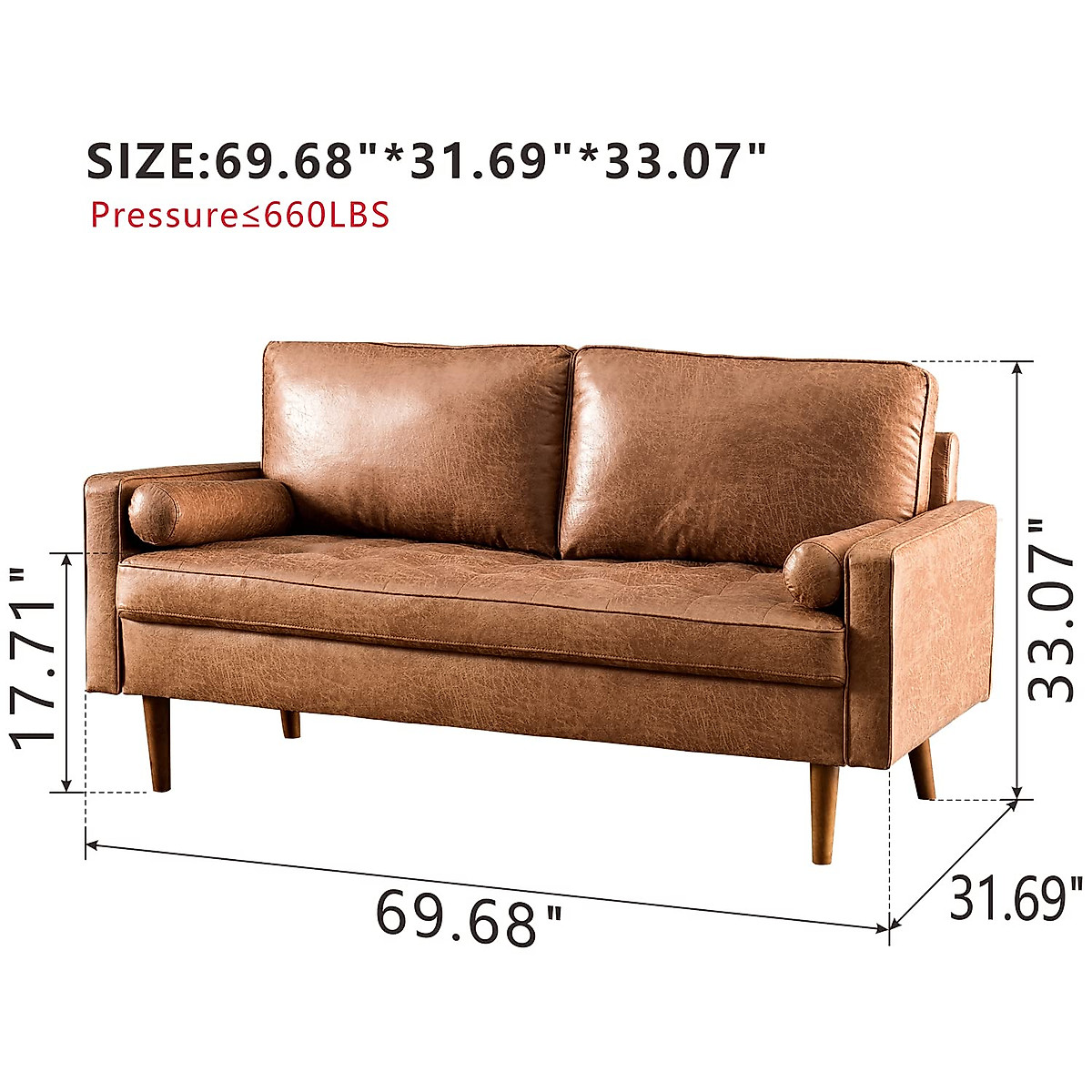 HOOOWOOO 69.7" Small Loveseat Sofa MCM Modern 2-Seater Couch with Bolster Pillows Button Tufted Seat Square Arm for Office Living Room Bedroom Small Space, Brown Faux Leather