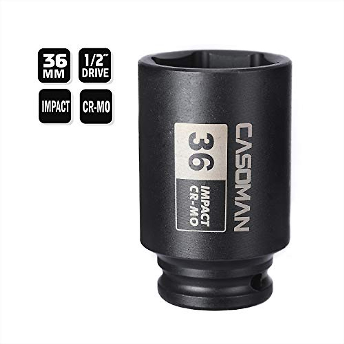 CASOMAN 1/2" Drive x 36 mm Deep 6 PT Impact Socket, CR-MO, 1/2-inch Drive 6 Point Axle Nut Socket for Easy Removal of Axle Shaft Nuts (36MM)