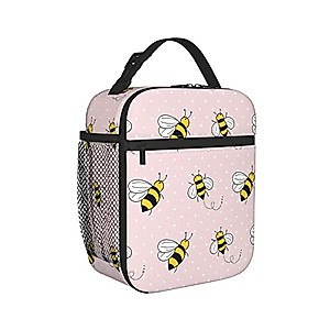 BQIUULO Cute Bees on Pink Lunch Bag for Men Women Tote Insulated Cooler Bags Reusable Lunch Box for College Work Office Picnic
