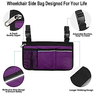 Wheelchair Side Organizer Storage Bag Armrest Pouch with Cup Holder and Reflective Strip, for Most Wheelchairs, Walkers or Rollators (Purple)