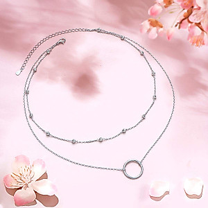 FLYOW Circle Choker Necklace S925 Sterling Silver Layered Dainty Simple Choker Necklace Circle Pendant for Women Birthday Gift