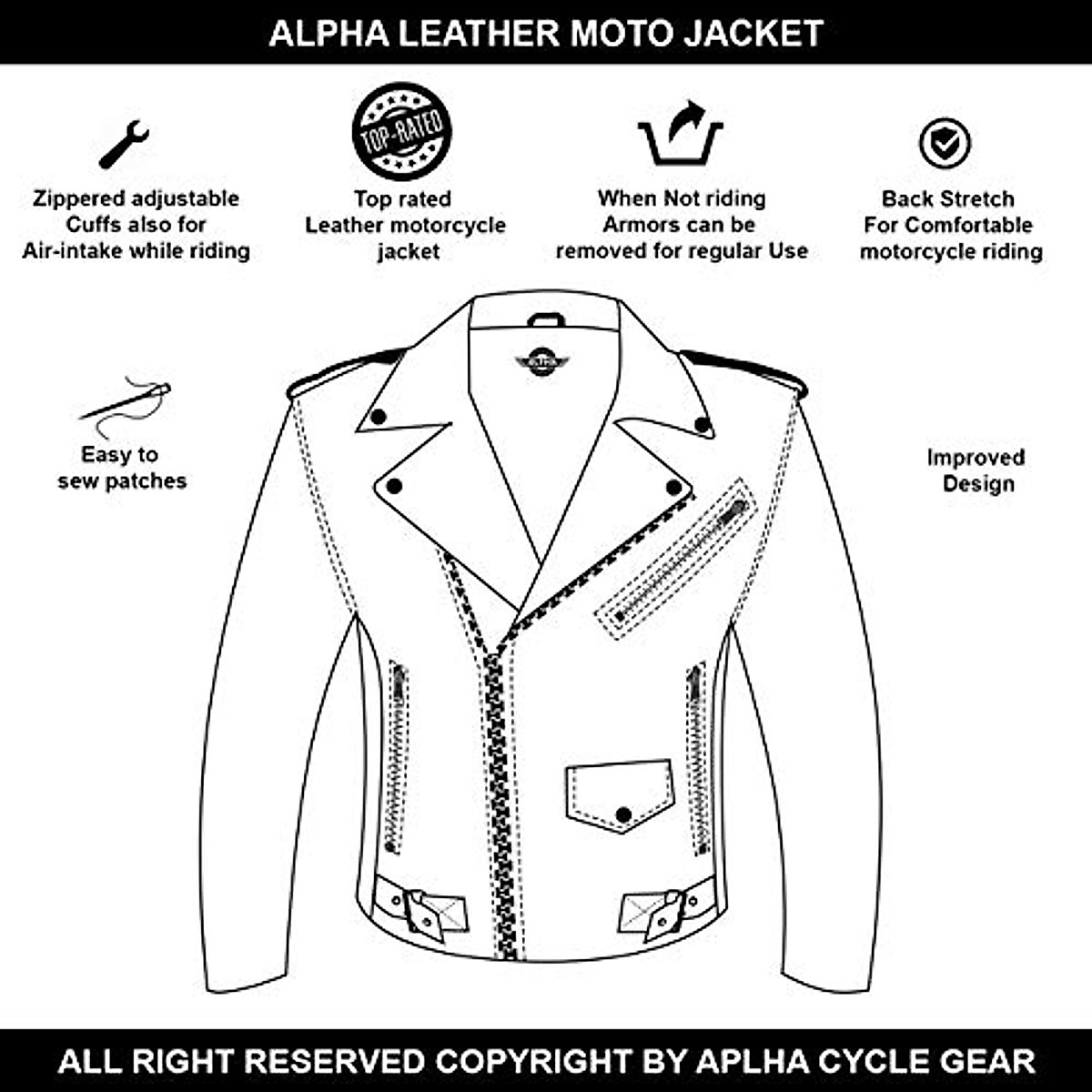 Alpha Black Leather Motorcycle Jacket with Armor for Men - Brando Cafe Racer Biker Jacket Men - 4 Season Riding Jacket with Concealed Carry (CCW), Protective Armor and Black Mesh - 4XL - Black