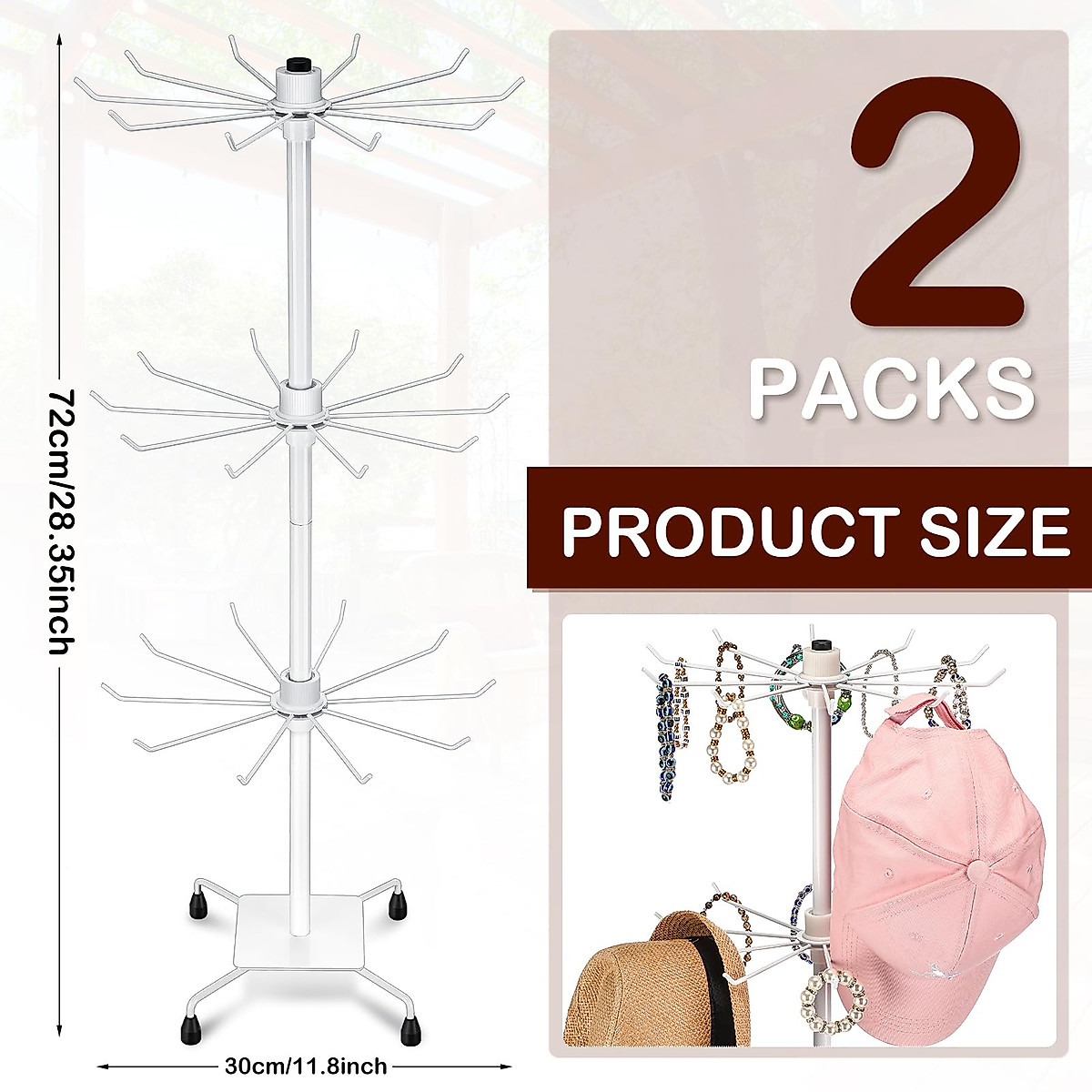 BBTO 2 Pcs Rotating Display Stand Jewelry Display Rack with Hooks Metal Earrings Stand for Vendors Necklace Bracelet Selling(White,28.35 x 11.81 Inch)