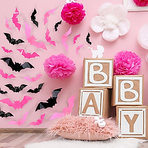 Whaline 112Pcs Halloween Wall Decoration 3D Bats with Foam Adhesive Black Pink Rose Red Waterproof Spooky Bats Stickers Hocus Pocus Party Supplies for Halloween Home Wall Window Door Decor, 4 Sizes