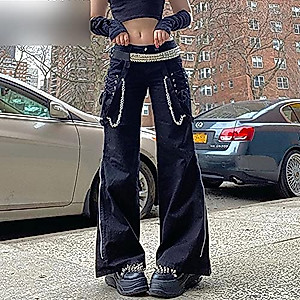 NUFIWI Women Gothic Cargo Pants Loose Low Waist Trousers Wide Leg Baggy Jeans Harajuku Streetwear Punk(Black Flare Goth,S)