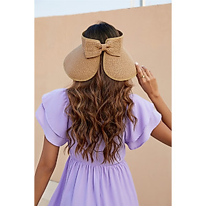 Women Sun Visor Fordable Wide Brim Summer Straw Hat Roll up Adjustable Beach Hat with Bowtie