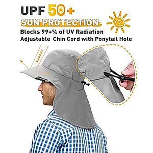Wide Brim Sun Hat with Neck Flap, UPF 50+ Hiking Safari Fishing Caps for Men and Women Gray