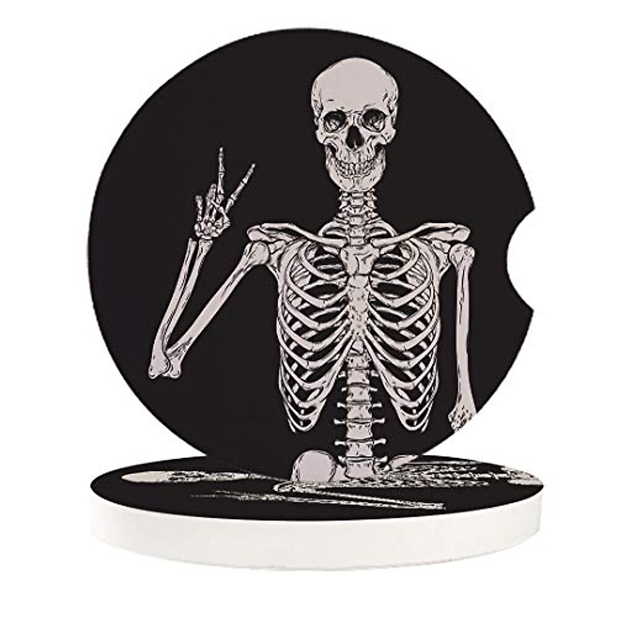Cup Holders Car Coasters for Women/Men - 2 Pack Absorbent Ceramic Stone Drinks Coaster Set, Funny Skull Skeleton Halloween Victory