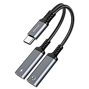 USB C Splitter, ZOOAUX Dual USB C Headphone and Charger Adapter,2-in-1 Type C Audio Dongle Cable with PD 60W Fast Charging Support Call Music for Pixel 4 3 XL,Galaxy S22 S21 S20+ S20 Note 20 10,Xperia