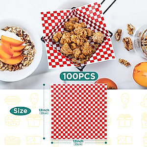 GeeRic Waxed Deli Paper Sheets 12 * 12 Inch, 100 Pcs Food Basket Liners for Sandwiches, Burgers, Checkered Deli Wrap Wax Paper Sheets Red