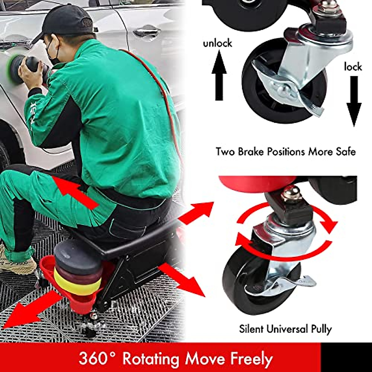 Flieeya Mechanic Stool Heavy Duty Roller Mechanics Seat Creeper Seat Garage Roller Car Detailing Stool Seat Garage Seats with Slide Out Tool Trays and Drawer, Brake Stool, 300 LB Capacity