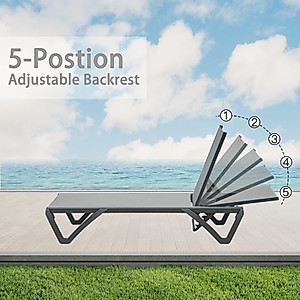 Domi Outdoor Chaise Lounge Set of 2,Pool Lounge Chair,Aluminum Sling Lounge Chairs for Outside with 5 Adjust able Positions (2 Grey Lounges W/O Table)