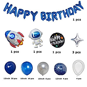 Blue Outer Space Balloon Garland Kit, Aerospace Theme Party Decorations With Rocket Astronaut Balloons and Metallic Silver and Metallic Blue Happy Birthday Decoration