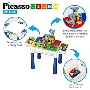 PicassoTiles Activity Center Table + 63 Piece Magnetic Building Tiles, 331pc Dual Size Building Blocks Play Table & Study Desk, Sandbox Water Tight Container Storage, 2 Character Figures 9 Tile Styles