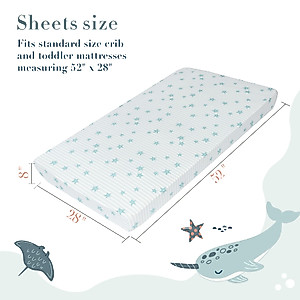 100% Cotton Crib Sheets for Baby Boys and Girls, Ocean Crib Sheets - Ocean Stars, Teal-White, 2 Pack Nautical Crib Sheets, Ocean Nursery Decor