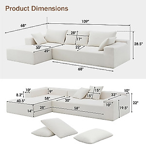 Suheww L Shaped Sectional Sofa Couch, Modern Chenille Cloud Comfy Floor Sofas with Chaise & Pillows for Living Room Office Apartment, No Assembly Required, 109”W, White