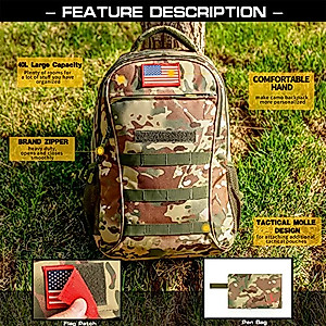 Camo Backpack for Men,Army Military Boys Backpack for School with Pen Bag,40l Waterproof Day Pack for Outdoor Travel Camping