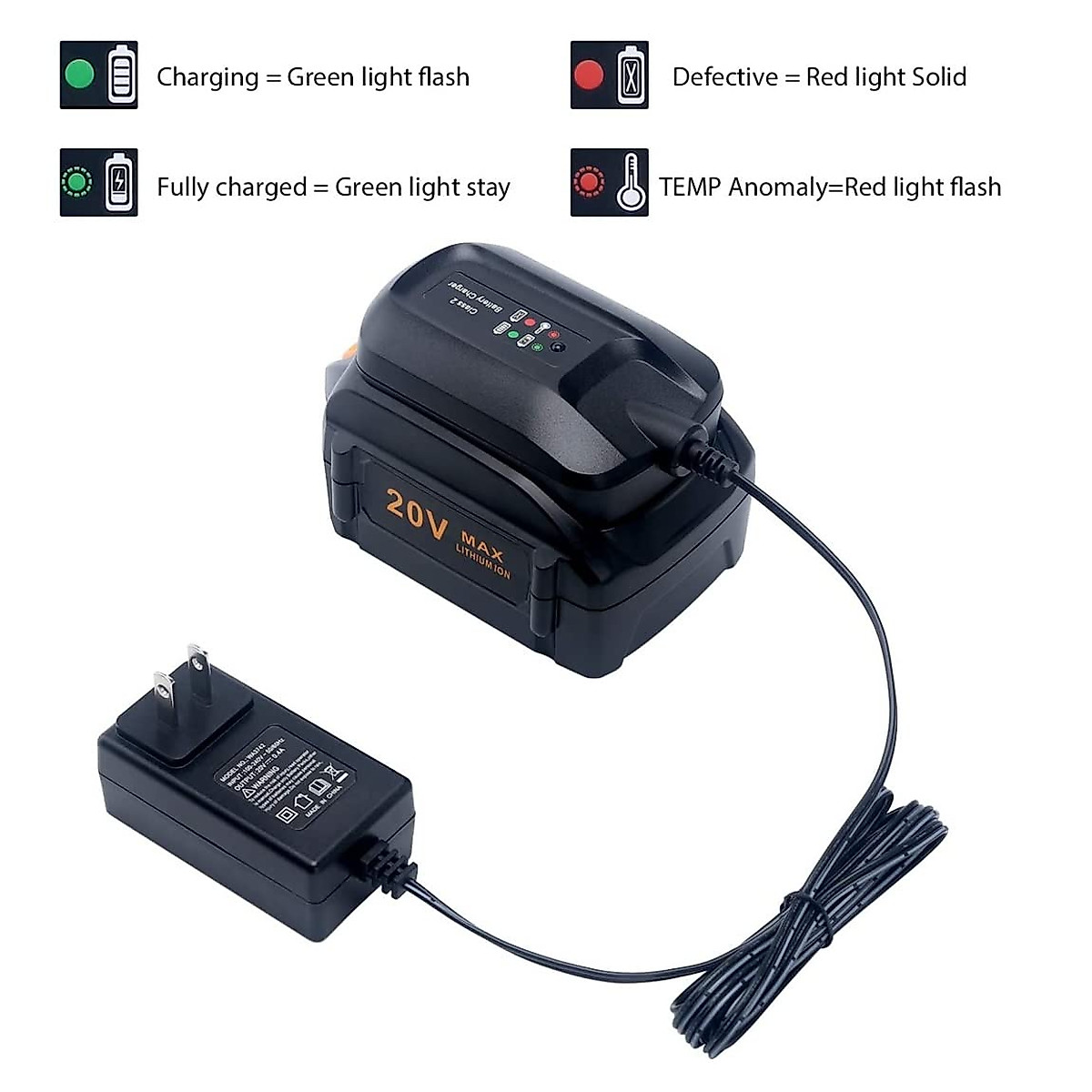 WA3742 Battery Charger for Worx 20V MAX Lithium PowerShare Battery WA3520 WA3525 WA3578 WA3732 WA3875 WA3881 WA3512.1