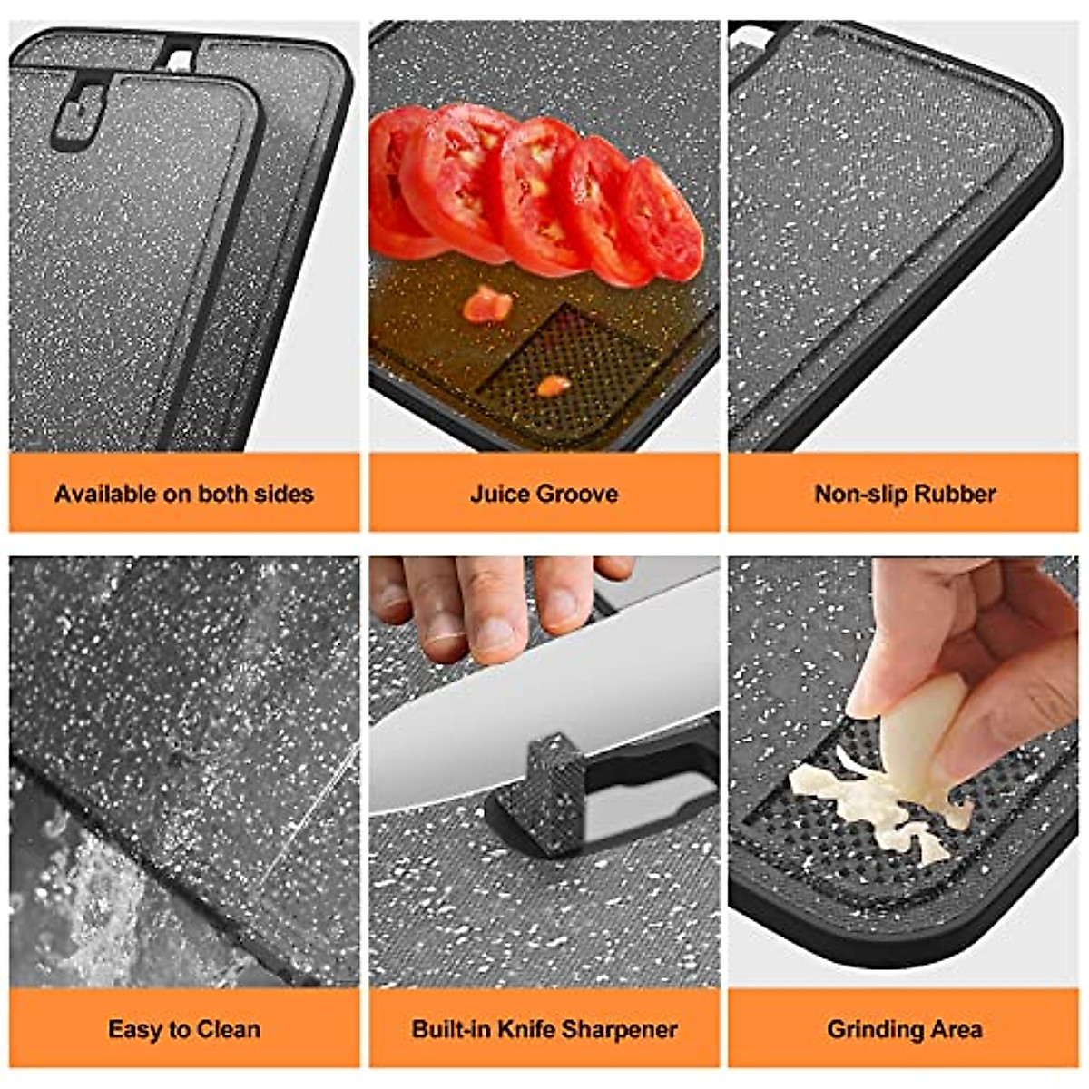 Viretang Plastic Cutting Board, 1 Pieces Dishwasher Safe Cutting Boards for Kitchen with Juice Grooves, Non-Slip, Reversible and Knife-Friendly with Built-in Sharpener & Grinding Area（Black）