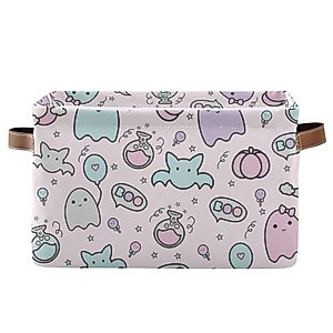 ZENWAWA Storage Cube Kawaii Halloween Print Collapsible Fabric, Large Foldable Open Organizer Bins Baskets with PU Handles 1 Pack