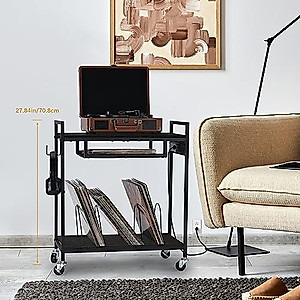 Black Record Player Stand Turntable Stand with Vinyl Storage Wooden Record Player Table with Charging Station 2 Tier End Table for Vinyl Records Album Holder Cabinet Record Shelf on Wheels