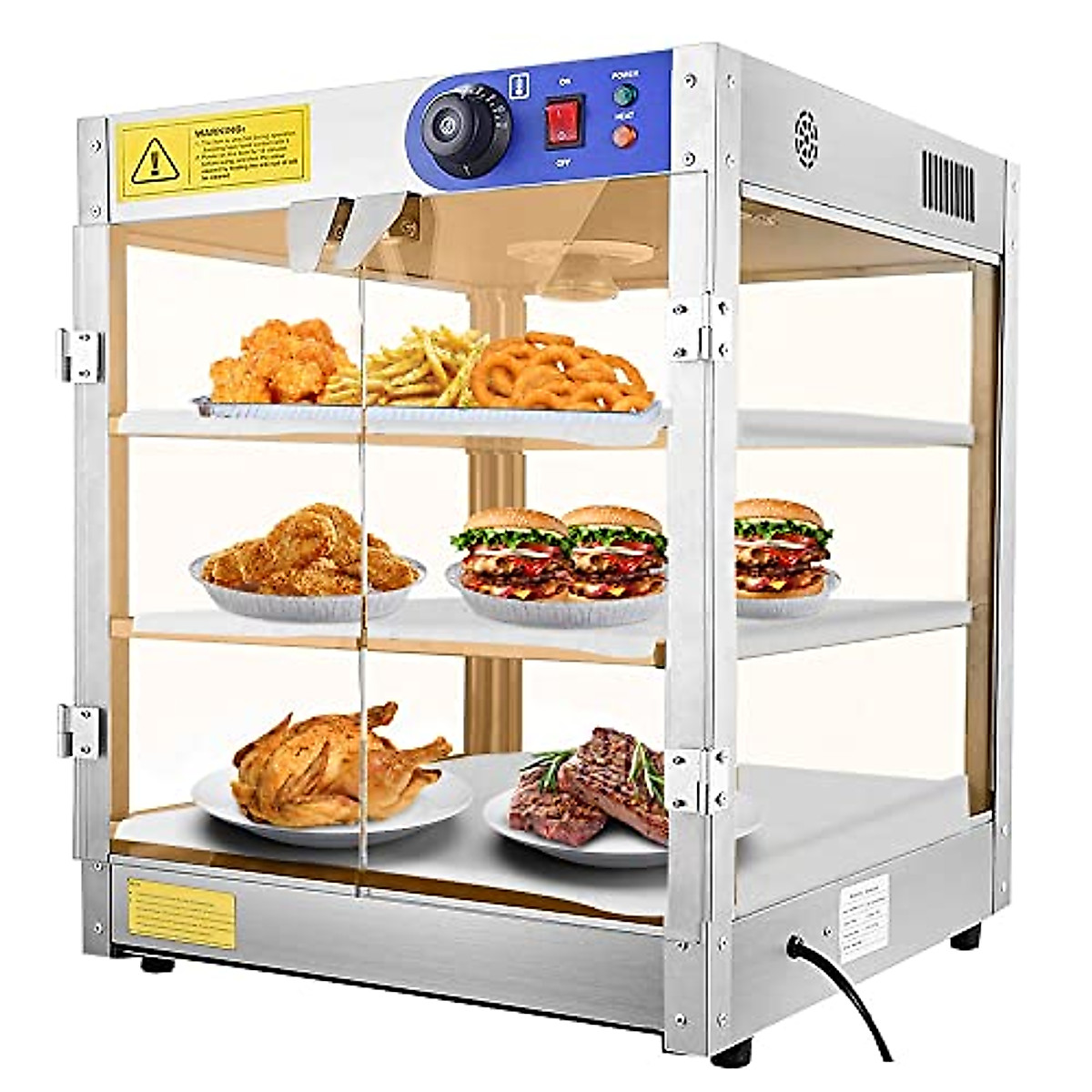3-Tier Food Pastry Pizza Warmer Countertop Commercial Display Case See Through 750W Adjustable Removable Shelves Glass Door 20x20x24