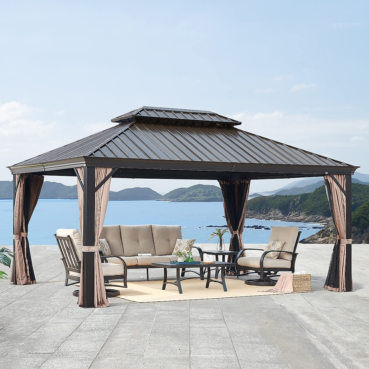 Patio Tree 12' x 16' Patio Hardtop Gazebo Outdoor Non-Rust Aluminum Permanent Pergola Shelter Tent with Galvanized Steel Canopy Roof, Mosquito Netting and Privacy Curtain