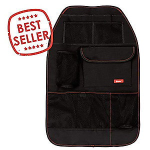 Diono Stow 'n Go Car Back Seat Organizer for Kids, Kick Mat Back Seat Protector, with 7 Storage Pockets, 2 Drinks Holders, Water Resistant, Durable Material, Black , 18x10x9 Inch (Pack of 1)