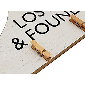 Lost & Found Wood Laundry Room Wall Decor with 4 Natural Wood Clips, Decorative and Functional Clothes-Hanger Shaped Laundry Room Organizer for Socks, Whitewashed, 13.4" W x 6.1" H