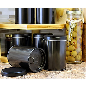 Double Seal Tea Canisters (6-Pack); Black Metal Round Tea Tins w/ Interior Molded Plastic Seal