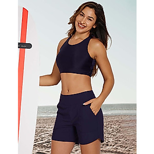 baleaf Women's Swim Shorts Tummy Control Modest Swimsuits Bathing Suit Bottoms 5" Board Shorts Beach Trunks with Pockets Dark Blue 2XL