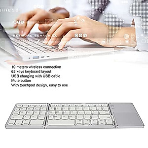 3 Folding Keyboard with Touchpad, 63 Keys Bluetooth 3.0 10m Working Distance Portable Wireless Keyboard for Smartphone Tablet Laptop (Silver White)