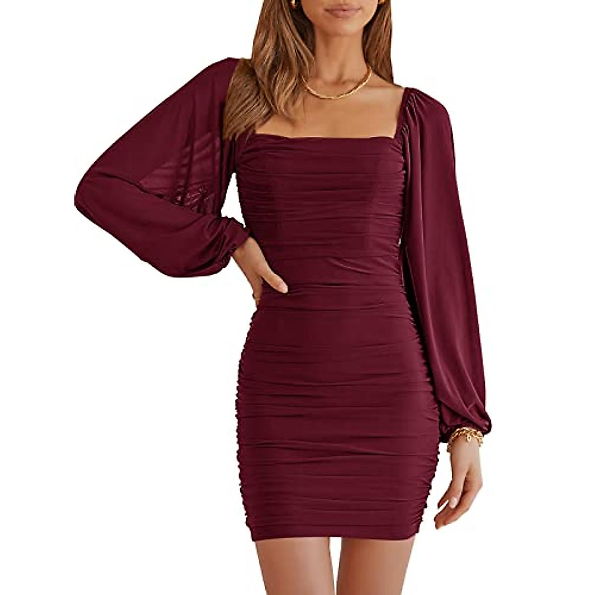 ANRABESS Women's Square Neck Mesh Long Sleeve Ruched Bodycon Mini Dress Party Club Cocktail Short Dresses s 642jiuhong-L Wine Red