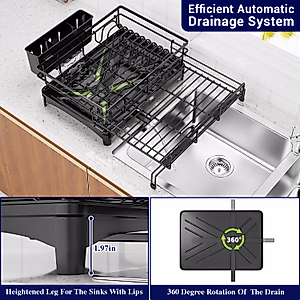 Large Dish Drying Rack,Extendable Dish Rack With Cutlery Holder, Anti-Rust Black Dish Racks For Kitchen Counter,Stainless Steel Dish Drainers For Kitchen Counter,Over The Sink Drying Rack Kitchen